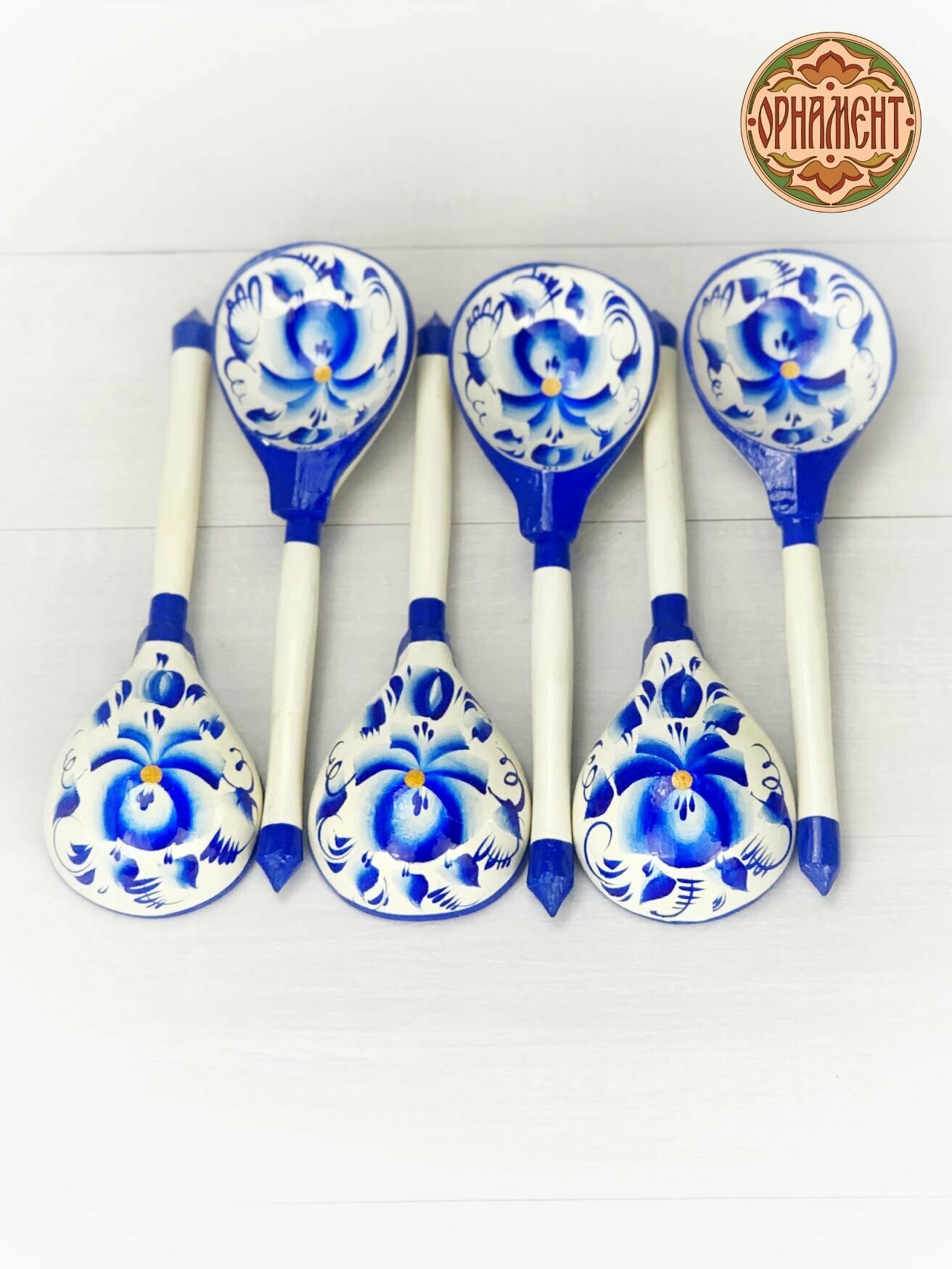 Ложки деревянные музыкальные, столовые, народные музыкальные инструменты, ручная авторская роспись, белые, 6 шт.
