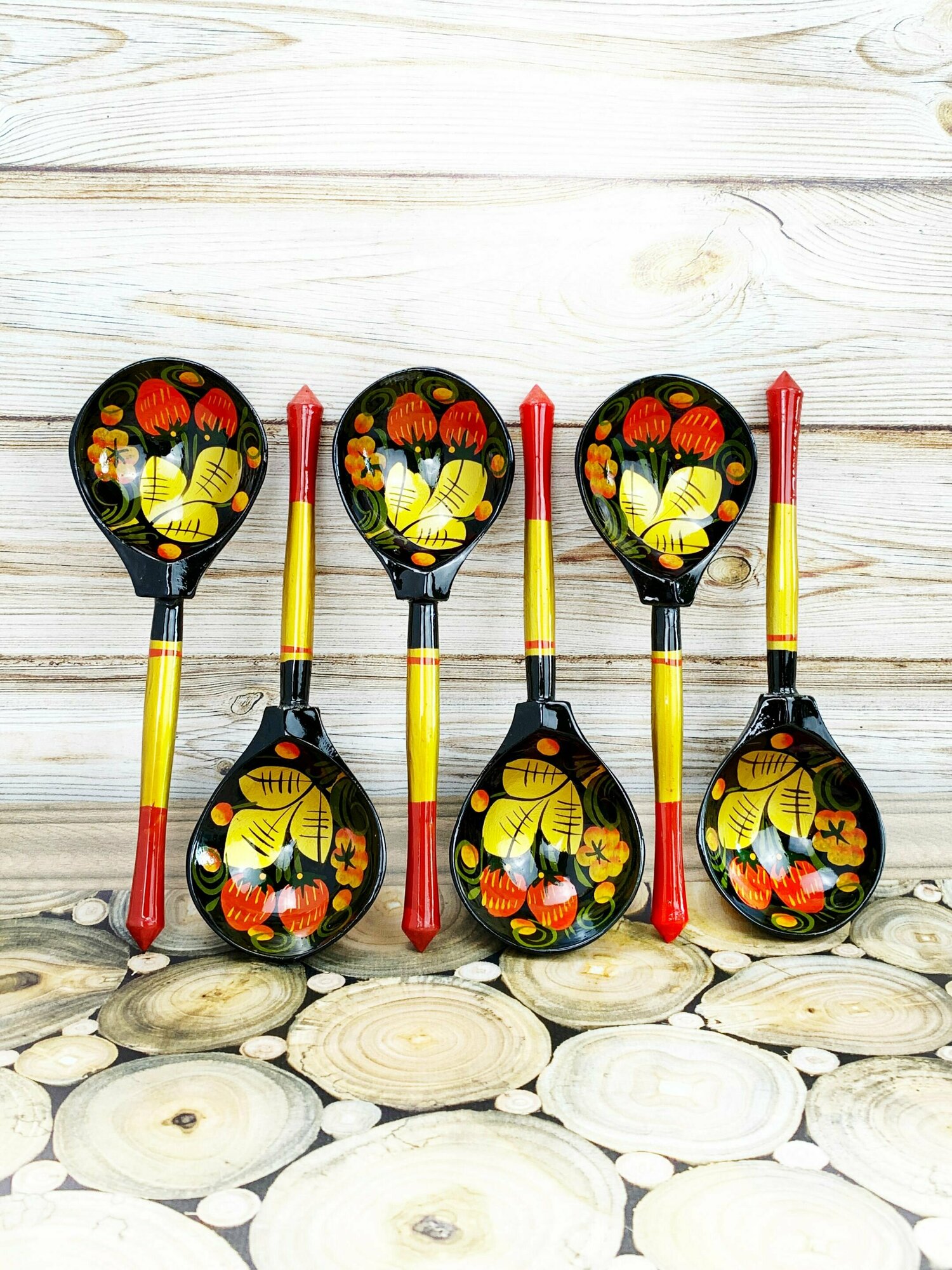 Ложки деревянные музыкальные, столовые, народные музыкальные инструменты, ручная авторская роспись, черно-желтые, 6 шт.