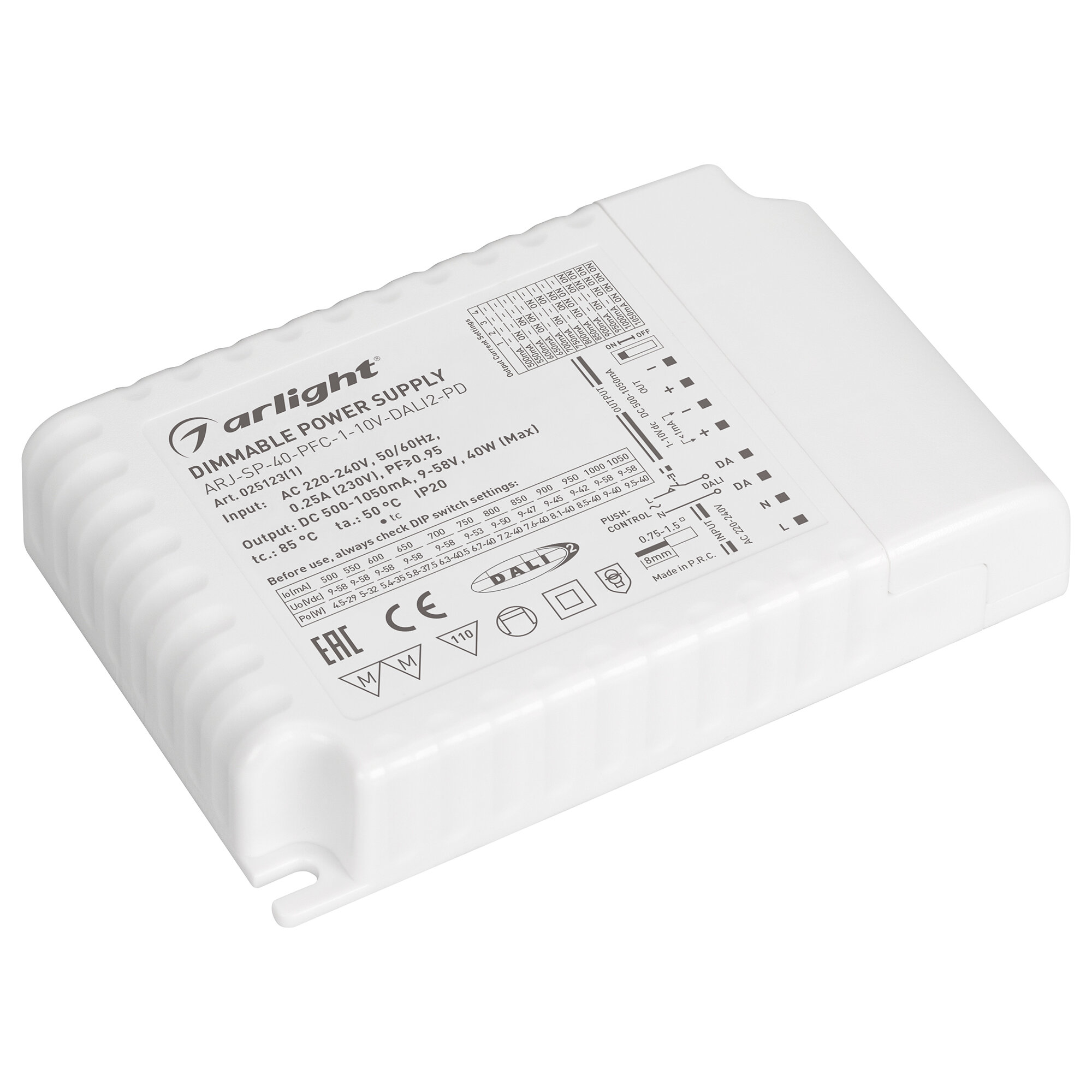 Диммируемый источник тока Arlight Блок питания ARJ-SP-40-PFC-1-10V-DALI2-PD (40W, 500-1050mA) (ARL, IP20 Пластик, 5 лет)