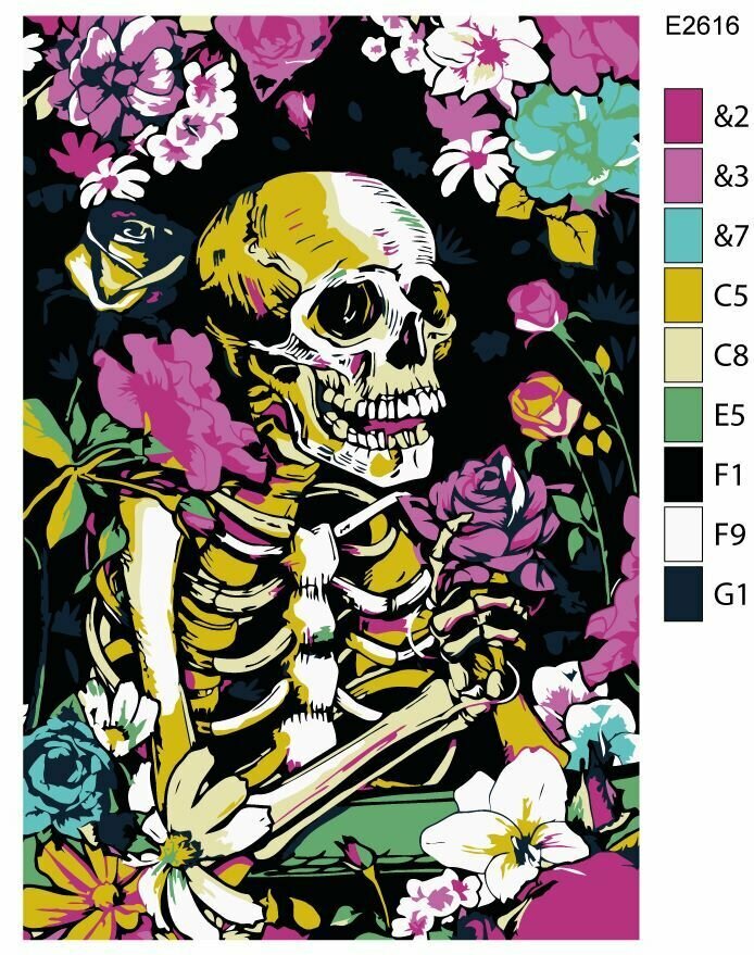 Детская картина по номерам E2616 "Яркий скелет и цветы" 20x30