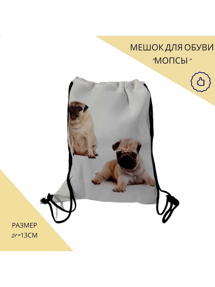 Мешок для обуви белый с 2 мя бежевыми мопсами 21х13 см