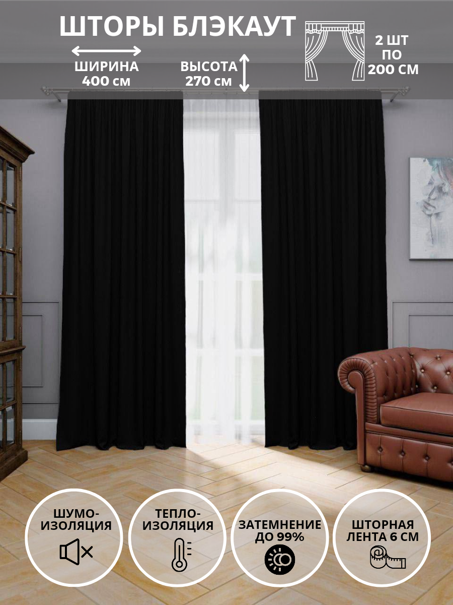 Шторы Блэкаут 270х400см, Чёрные