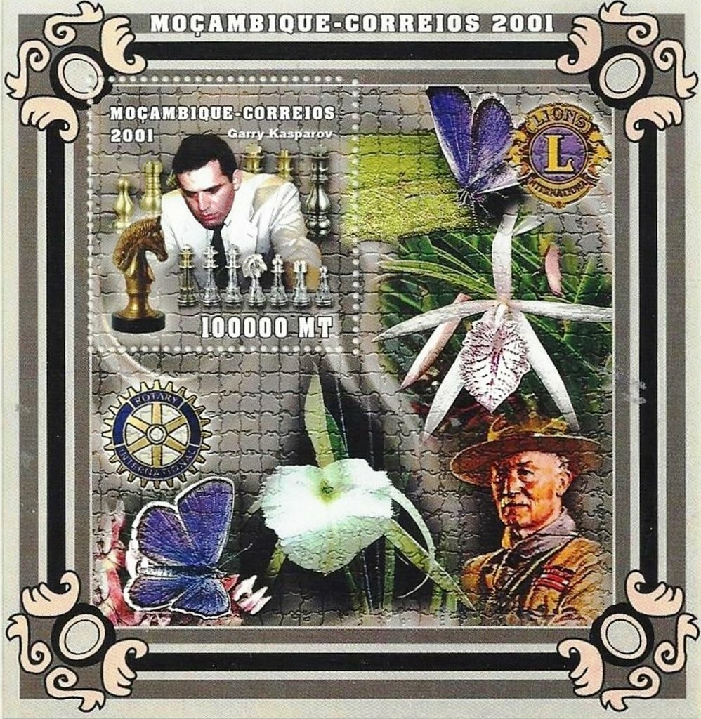 Почтовые марки Мозамбик 2001г. "Шахматисты" Шахматы, Цветы, Ученые MNH