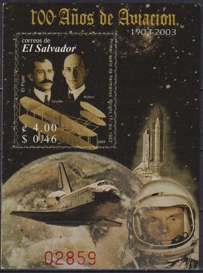 Почтовые марки Сальвадор 2004г. "100-летие механического полета - пионеры авиации" Космос, Самолеты, Летчики, Космические корабли MNH