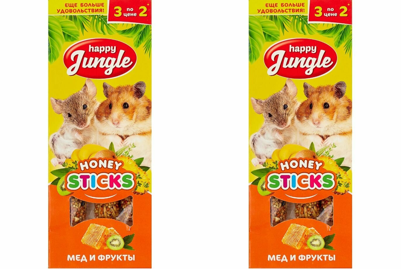 Happy Jungle Палочки для мелких грызунов мед и фрукты, 3 шт, 2 уп