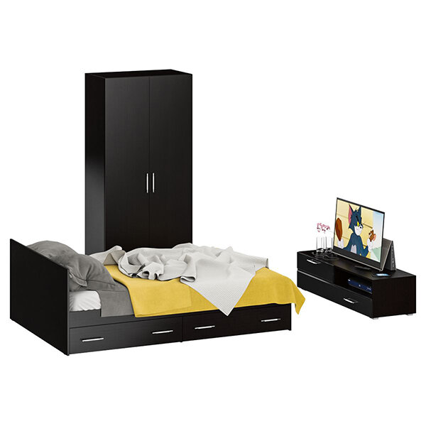 Спальня Стандарт 3-1400, цвет венге/фасады ТВ тумбы МДФ чёрный глянец, сп. м. 1400х2000 мм, без матраса, основание есть