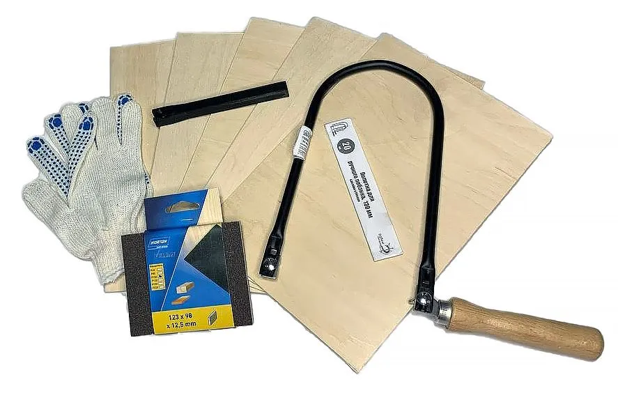 Лобзик для школьника с ключом, премиум фанерой и пилками. Полный комплект.