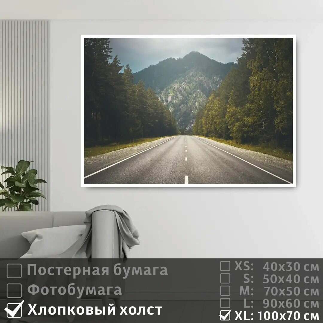 Постер на холсте Дальняя Дорога В Горы Вдоль Соснового Леса 100х70 см ПолиЦентр