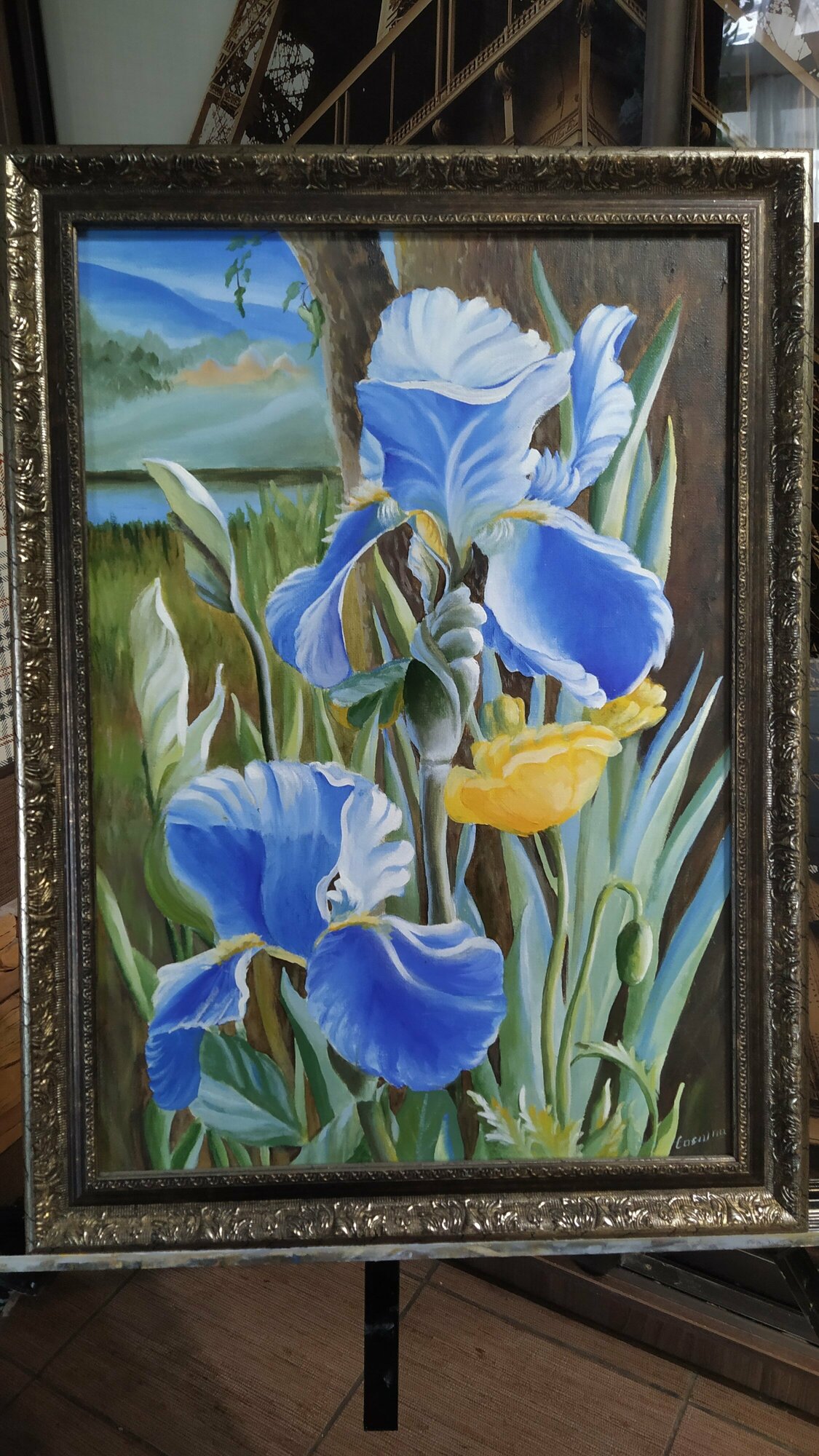 Летний пейзаж "Пейзаж с ирисами", картина маслом, холст 56*41 см, ручная работа, Соснина Татьяна.