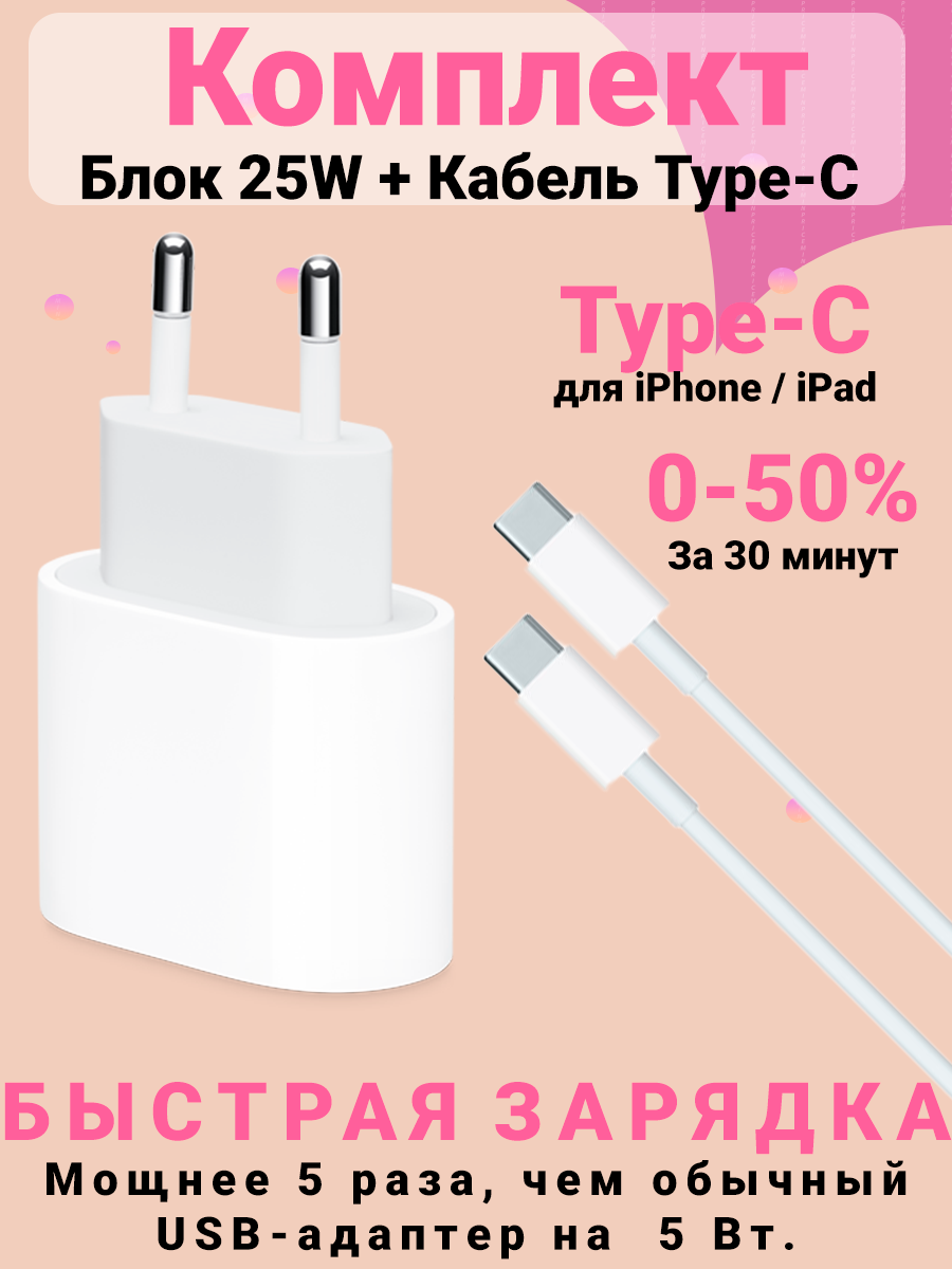 Сетевое зарядное устройство Premium Type-C 25W + кабель USB-C - USB-C, 1м для iPhone 15, iPad, AirPods