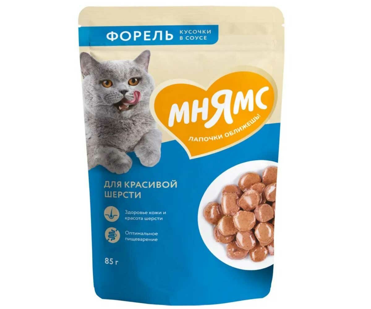 Влажный корм Мнямс для кошек для красивой шерсти форель кусочки в соусе 85г