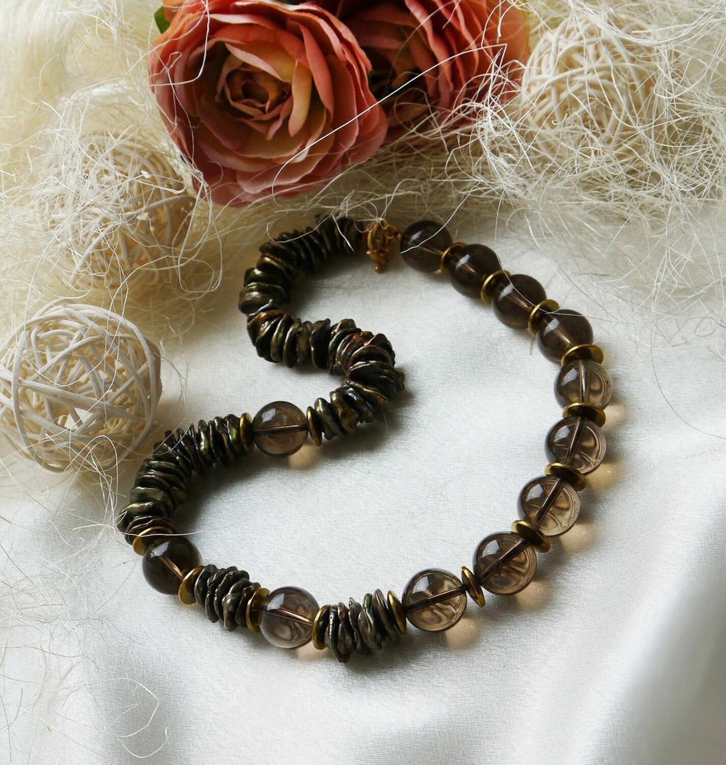 Колье, раухтопаз, гематит, жемчуг барочный