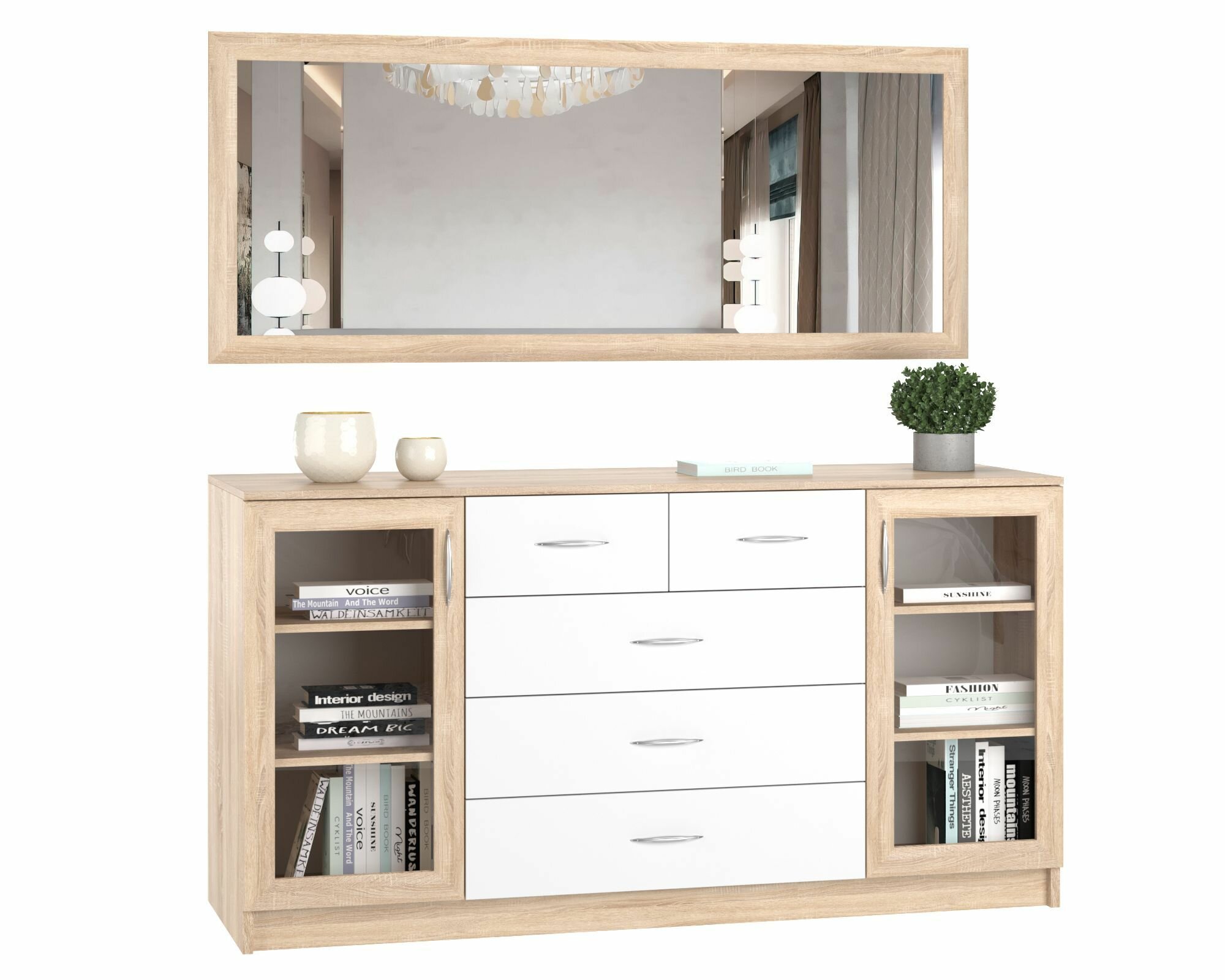 Комод "Фобос с зеркалом 5" 156х90х50, Дуб сонома/Белый
