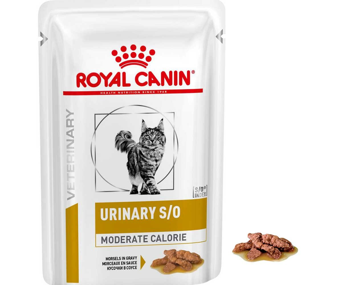 Лечебный влажный корм royal canin для кошек после кастрации/стерилизации при избыточном весе при мкб кусочки в соусе veterinary diet feline urinary s/o moderate calorie 85г