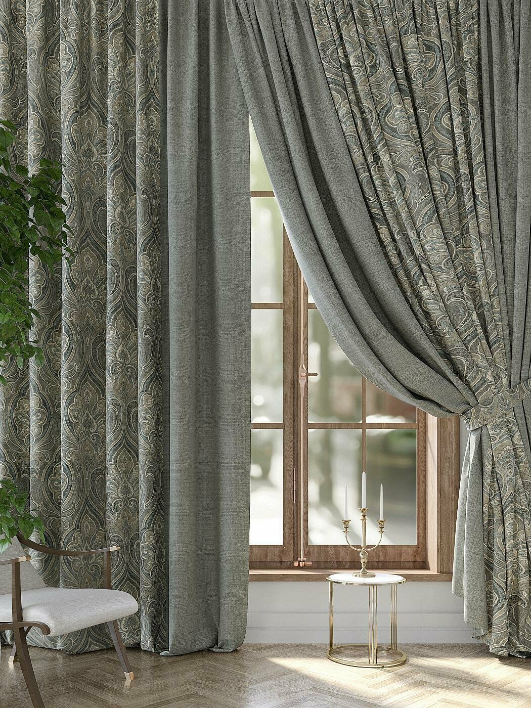 Комплекты штор AT HOME Рифлос (болотно-серый) высота 320 см, ширина 300 см, крепление - шторная лента, Бежевый