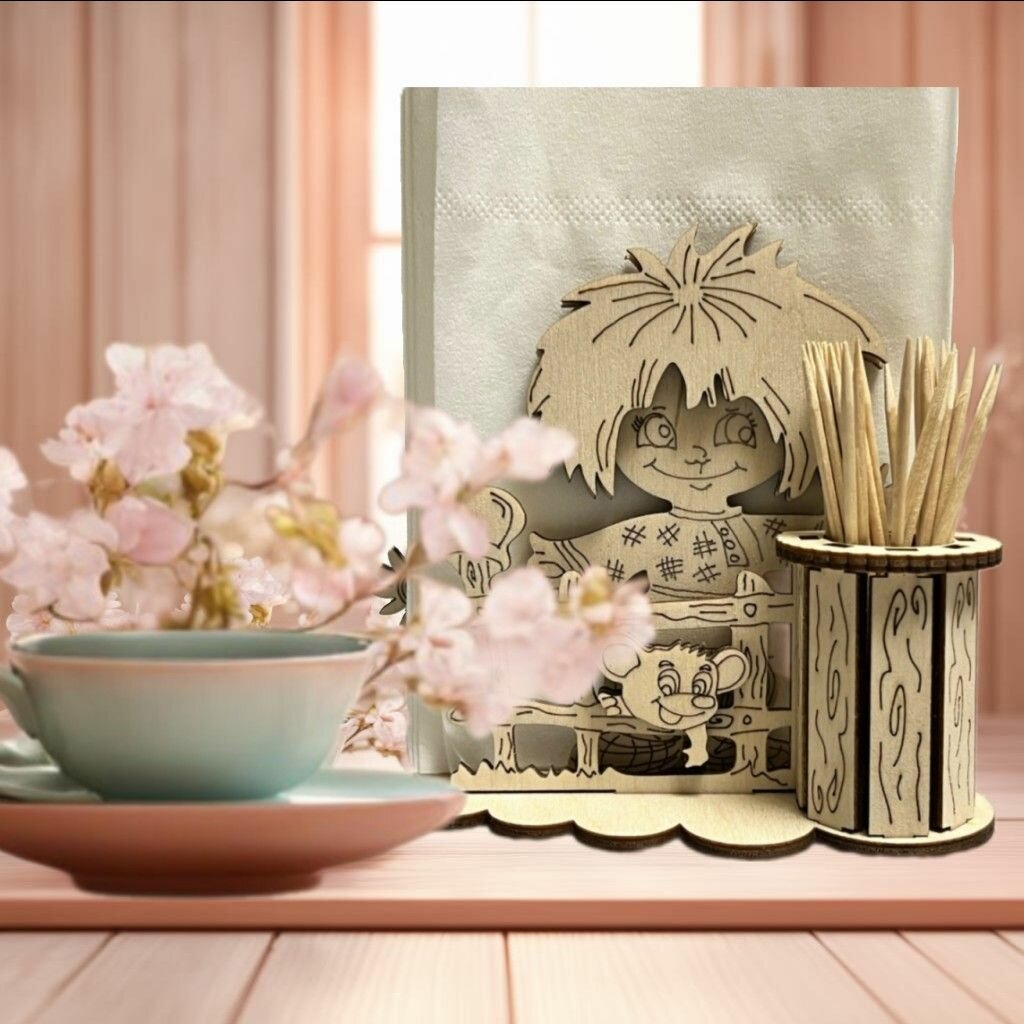 Салфетница с контейнером для зубочисток "Домовенок". Комплект заготовок из фанеры для самостоятельной сборки и декорирования.