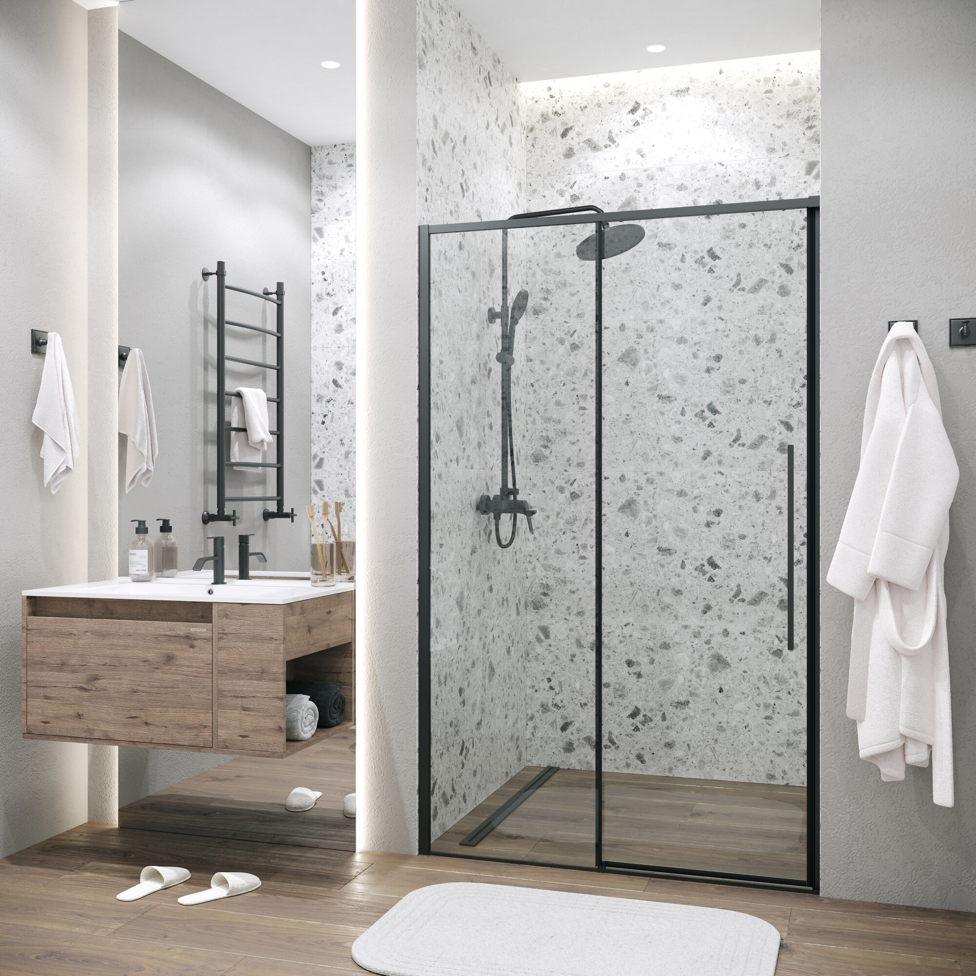 Дверь в нишу Grossman Galaxy 100. K33.01.100.21.00 (100х195) черный матовый, стекло прозрачное, раздвижная, 1 место