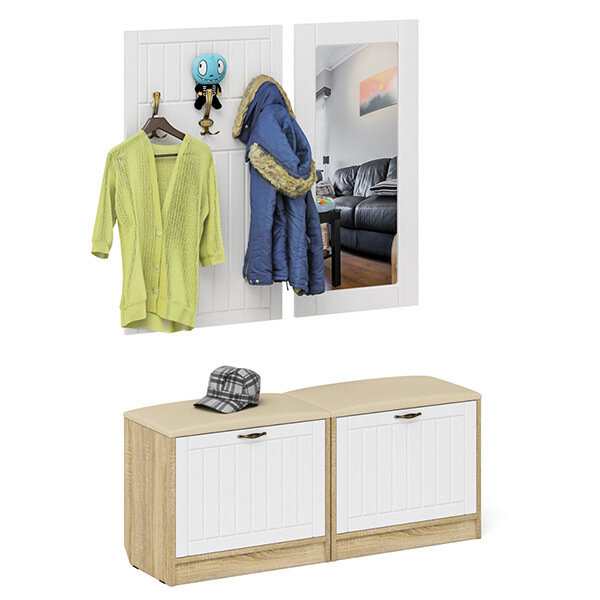 Прихожая П-6 Компоновка № 02, цвет дуб сонома/фасады МДФ белое дерево фрезеровка прованс