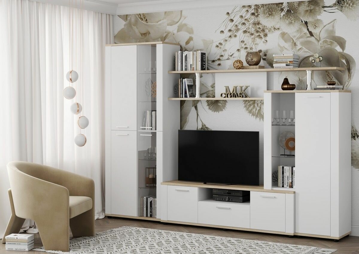 Стенка Соло - 10А Белый Гладкий/Дуб Сонома/Белый Гладкий