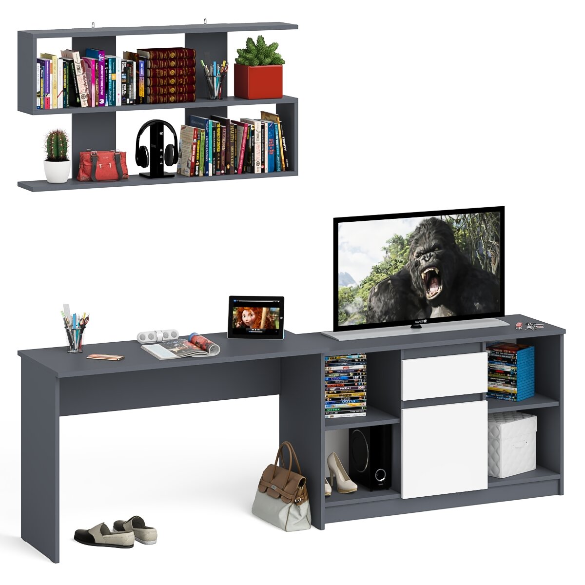 Тумба большая СВК Мори МТВ1204.1 с дверками и нишами со столом и верхней полкой графит/белый