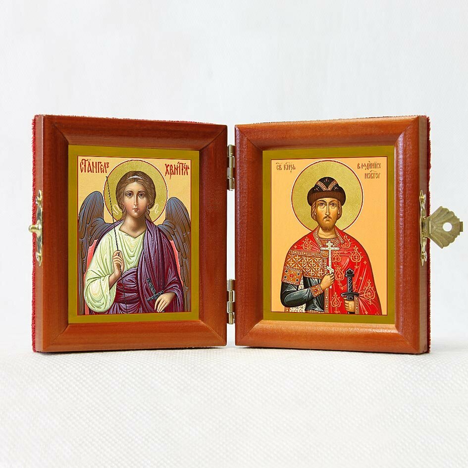 Складень именной "Благоверный князь Владимир Ярославич Новгородский - Ангел Хранитель", из двух икон 8*9,5 см