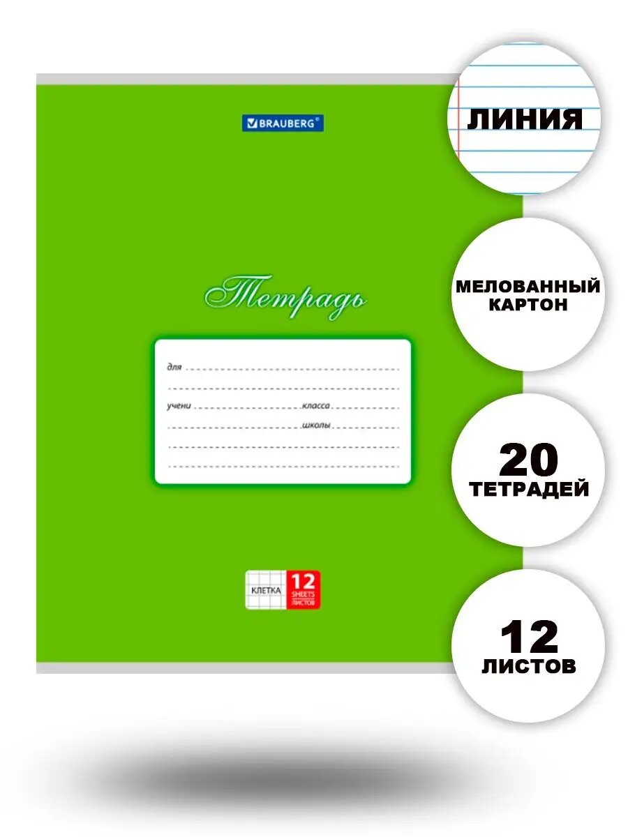 Тетрадь BRAUBERG, школьная, формат А5, в линейку, 12 листов, 20 штук