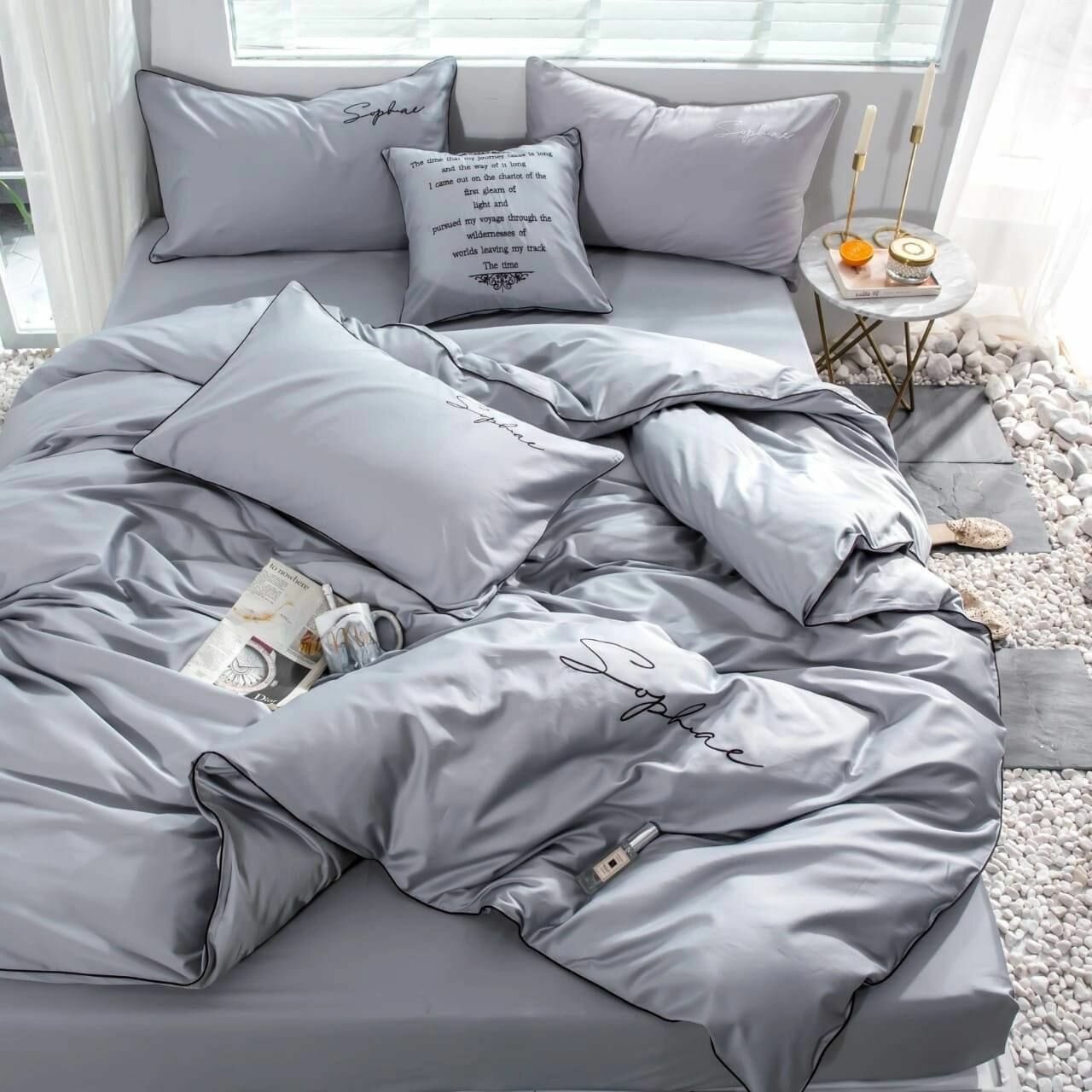 Постельное белье евростандарт двуспальное/евро Сатин Mency Жатка/ пододеяльник 200x220/простыня 220x240/ Наволочки 50x70-2шт 70x70-2шт, Цвет Светло-серый