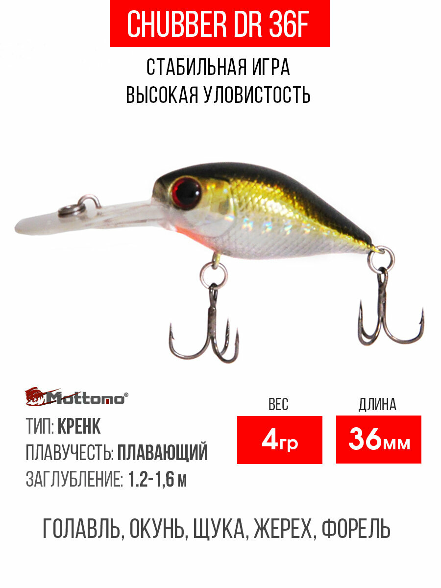 Воблер для рыбалки Mottomo Chubber DR 36F 4g кренк плавающий для спиннинга, троллинга. Приманка на язя, щуку .