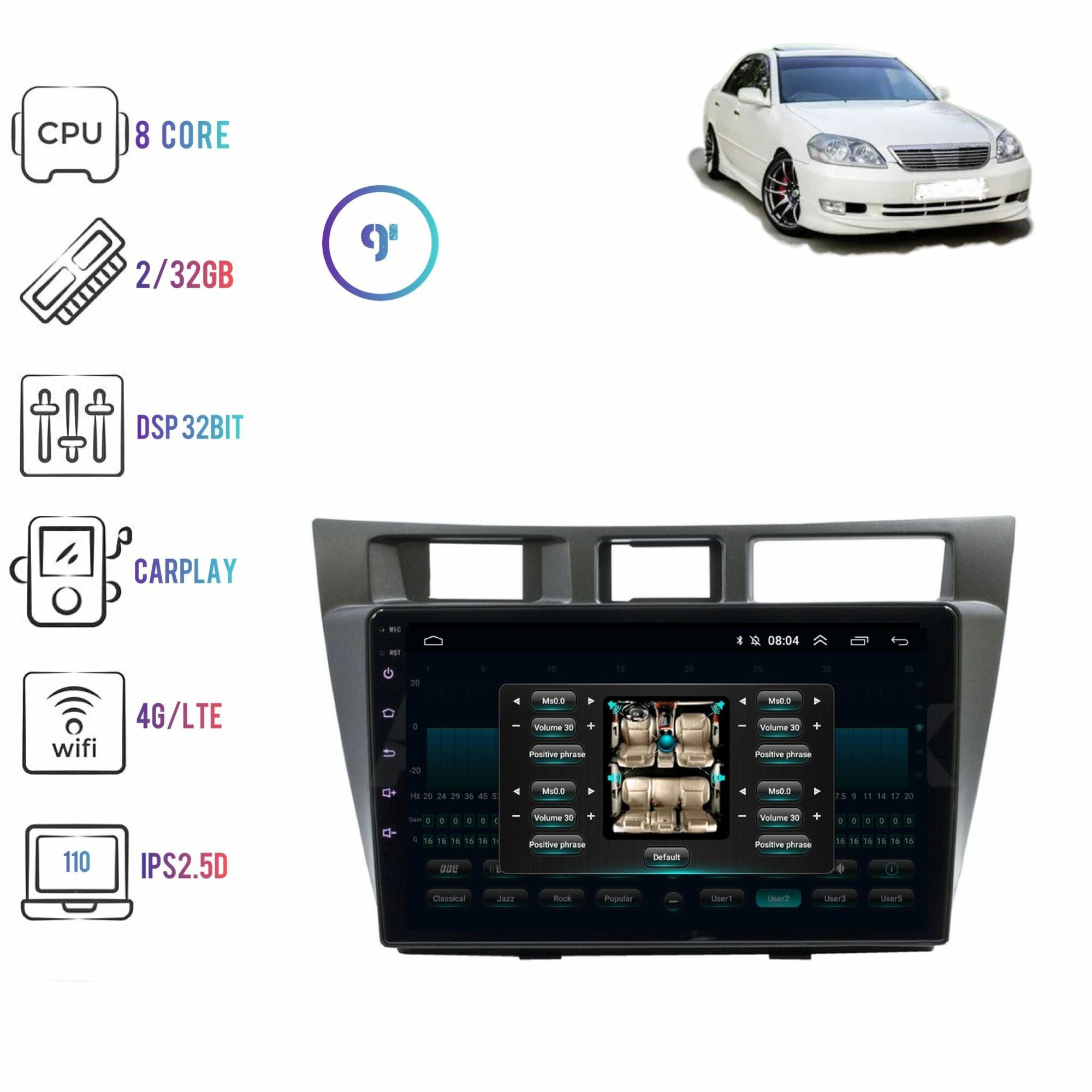 Магнитола для Toyota Mark 110, Verossa 2000 - 2004 MFB на Андроиде 2+32Gb+8ядер+DSP+CarPlay+4G SIM+IPS2.5D
