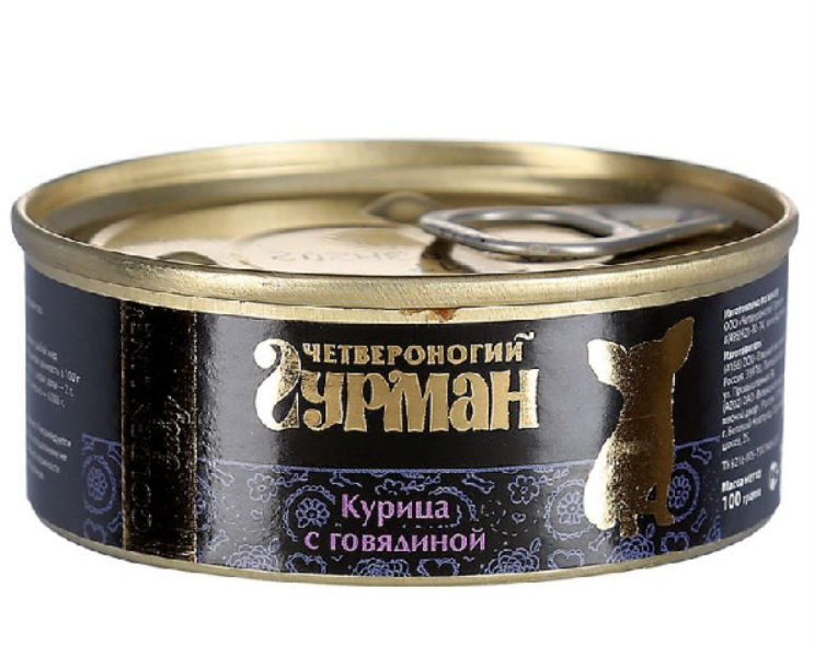 Четвероногий Гурман Корм консервированный для собак Курица с говядиной, 100 г