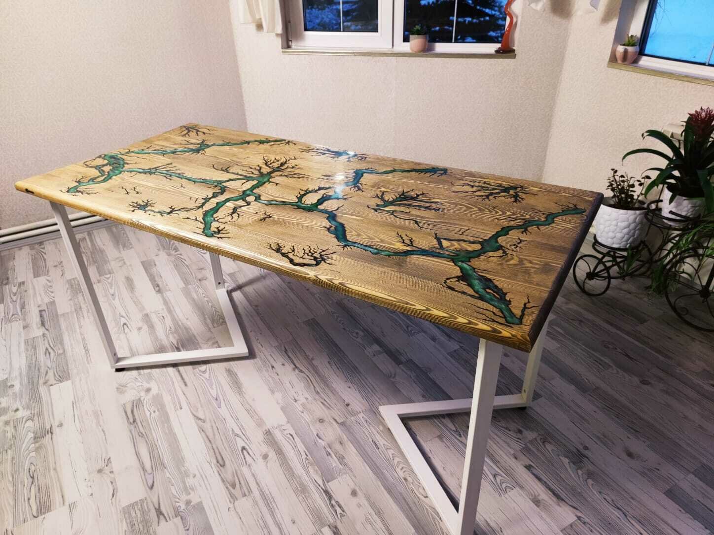 Обеденный стол 150 золотой дуб зелёные молнии и белые ножки