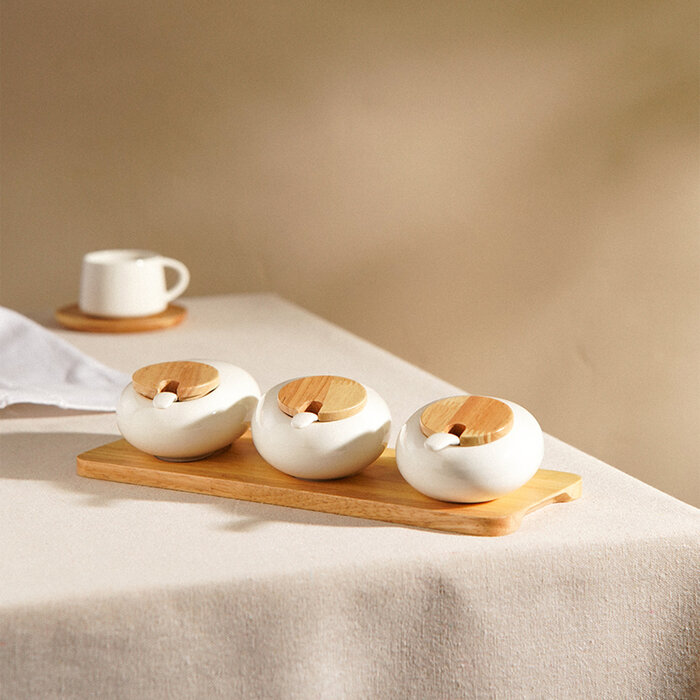 Банки для сыпучих SL Home «Тренто», 150 мл, набор 3 шт, с ложками, на деревянной подставке, фарфор, белые