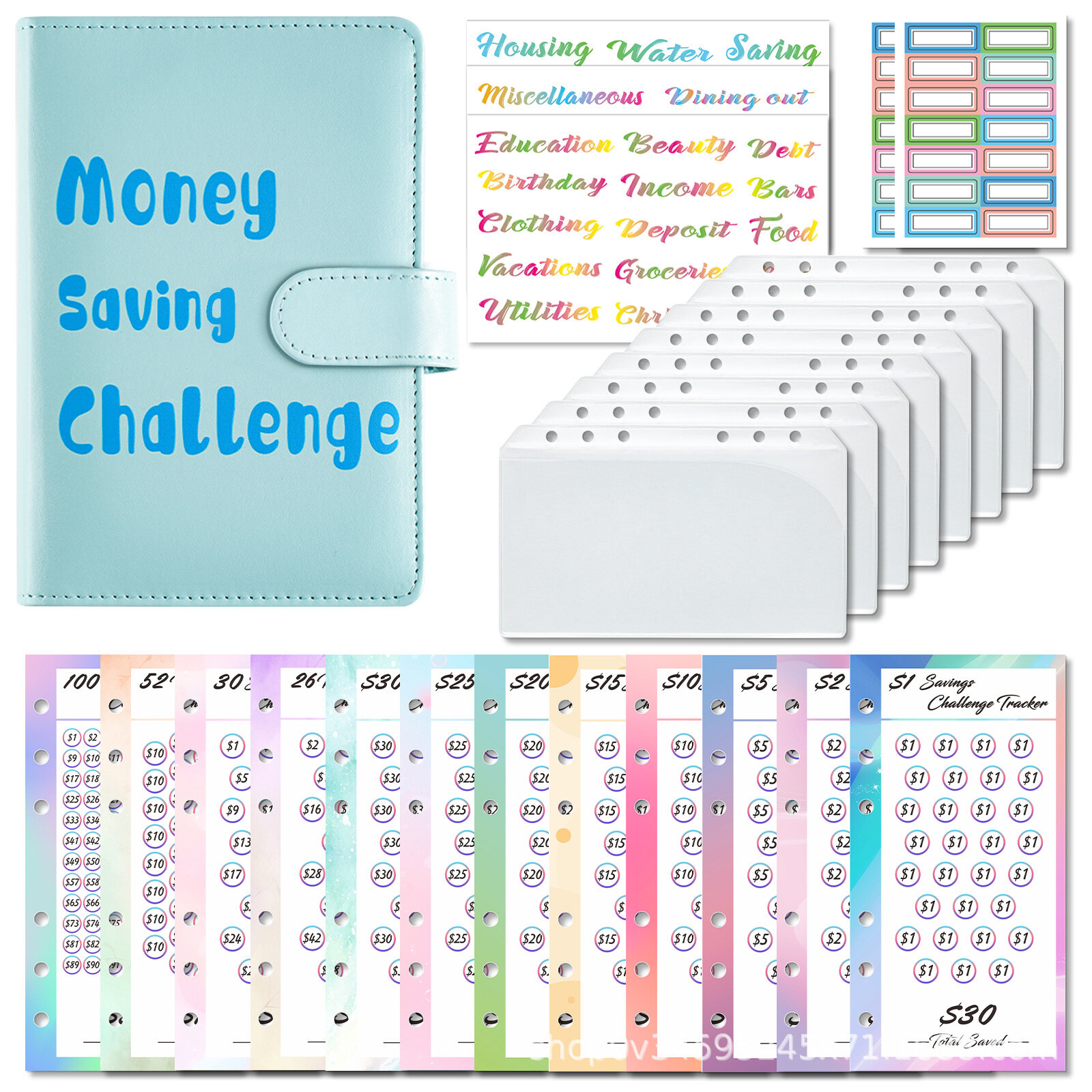 Руководство по экономии денег, формат А6, синяя обложка, 12 копилок, 8 карманов, 14 наклеек