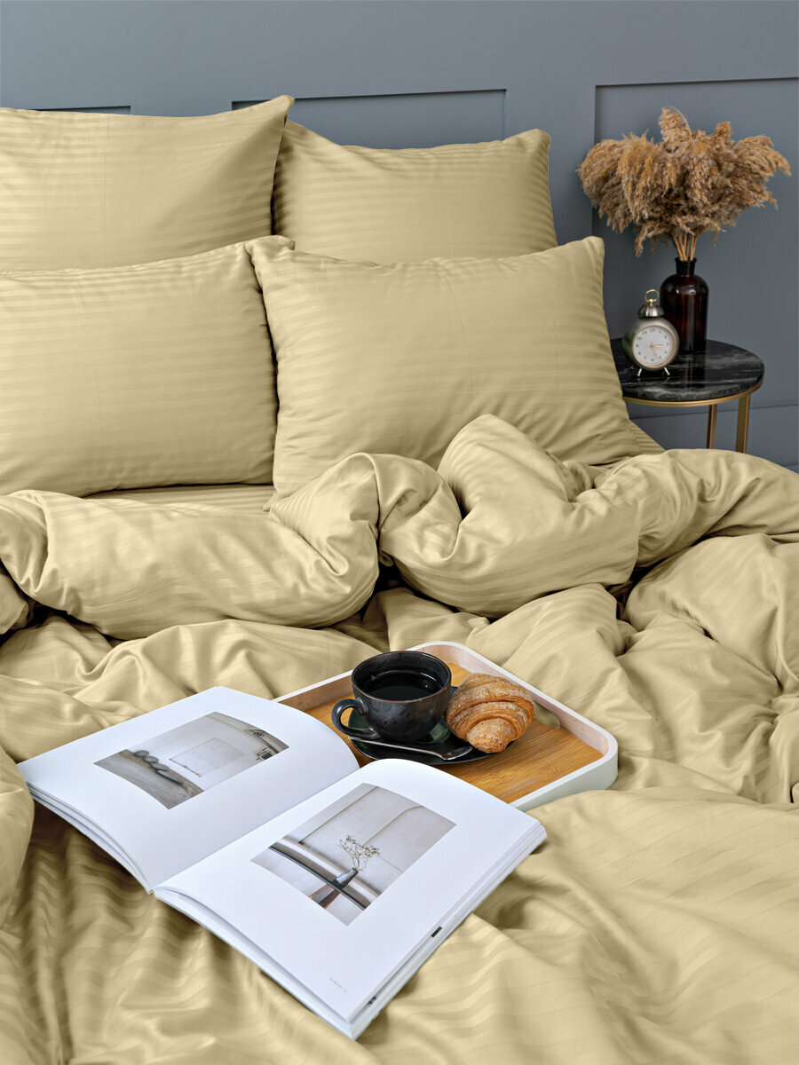 Постельное белье 2 спальное с евро простыней, наволочки 50х70, страйп полисатин