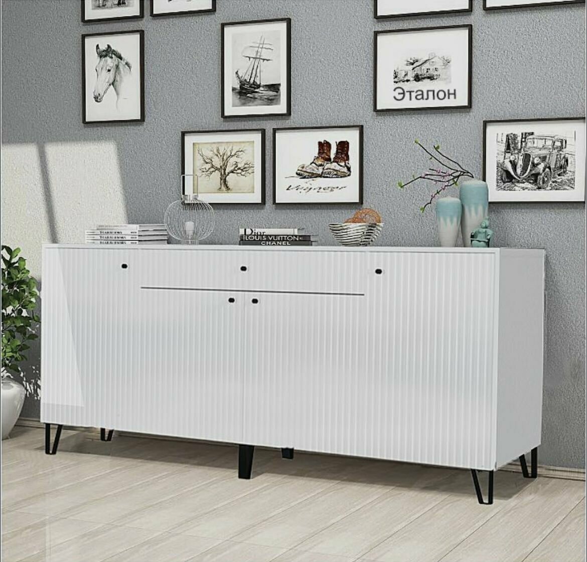 Комод Оливия. 2 метра. На ножках. МДФ рельефный белый глянец