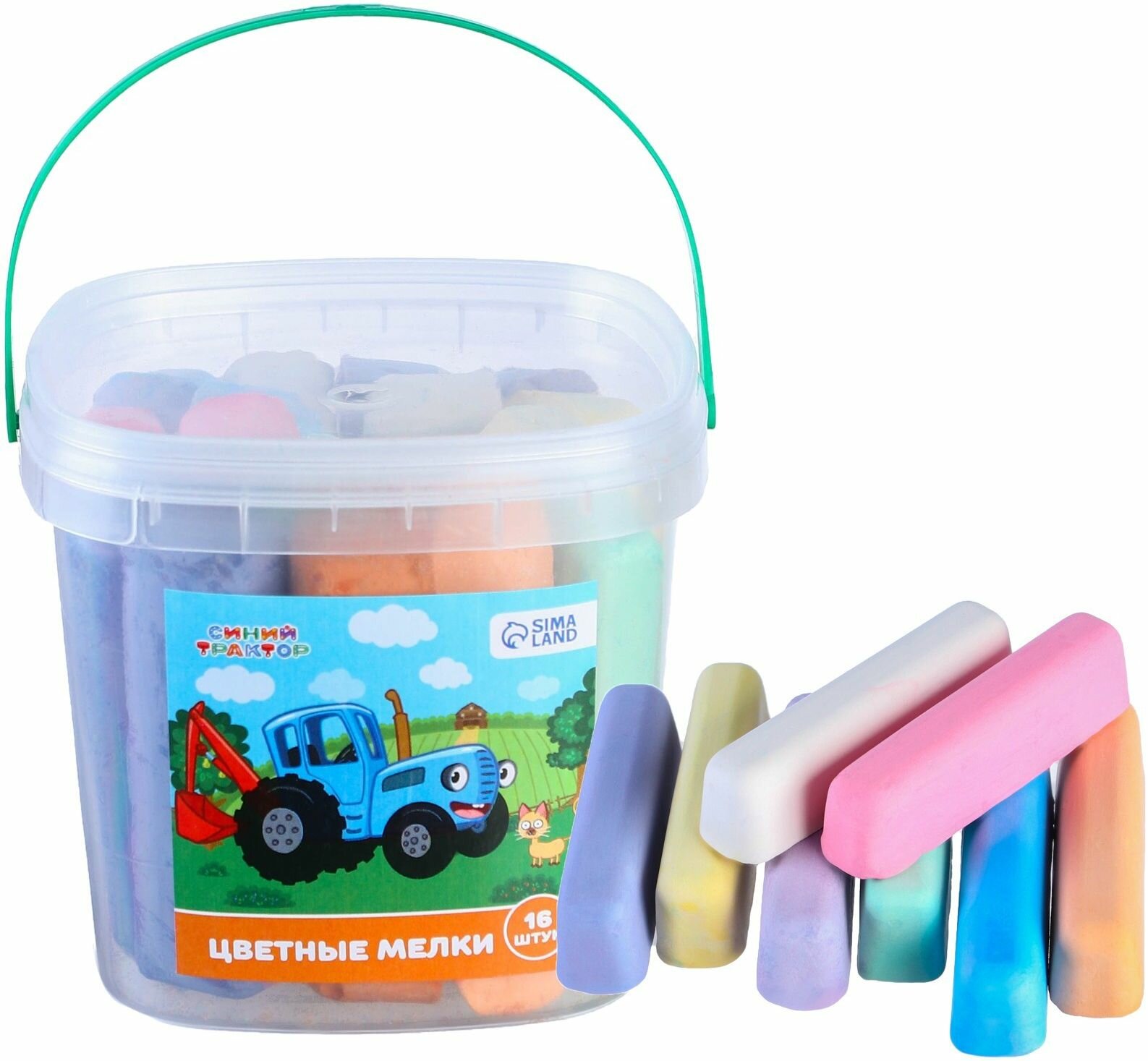 Мелки цветные "Синий трактор" для детей, набор из 16 штук в ведерке, 8 цветов, для рисования на асфальте и школьной доске
