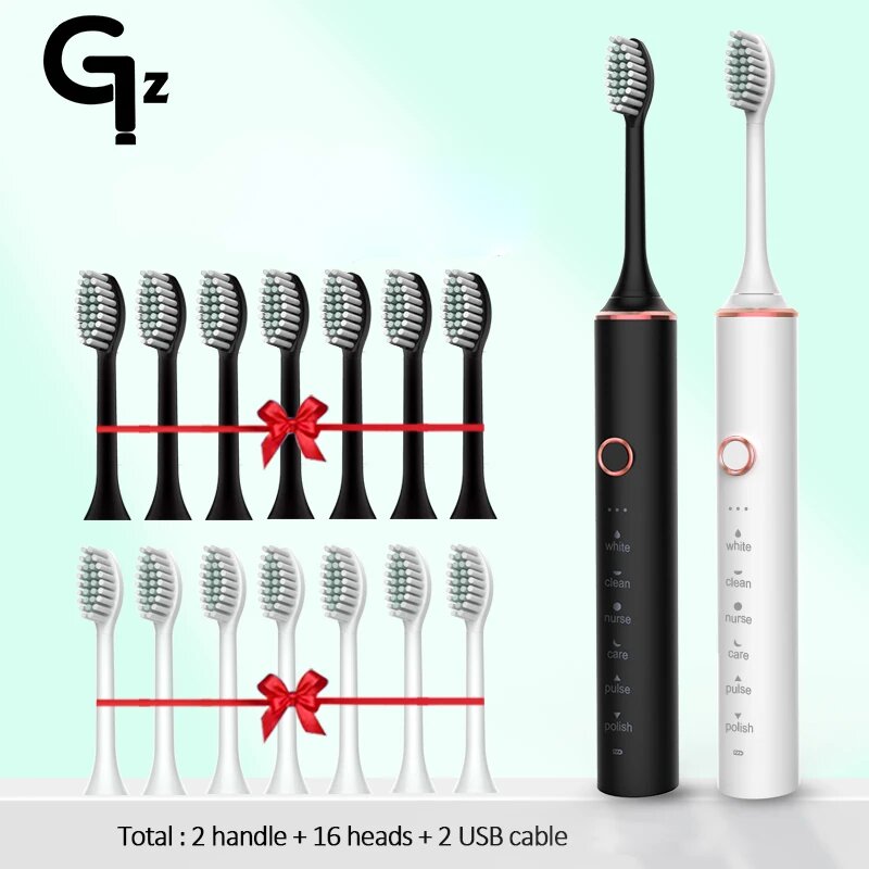 Электрическая зубная щетка GeZhou N100, 2 шт, 16 насадок, USB