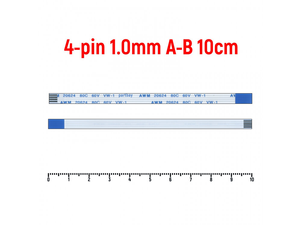 Шлейф FFC 4-pin Шаг 1.0mm Длина 10cm Обратный A-B AWM 20624 80C 60V VW-1