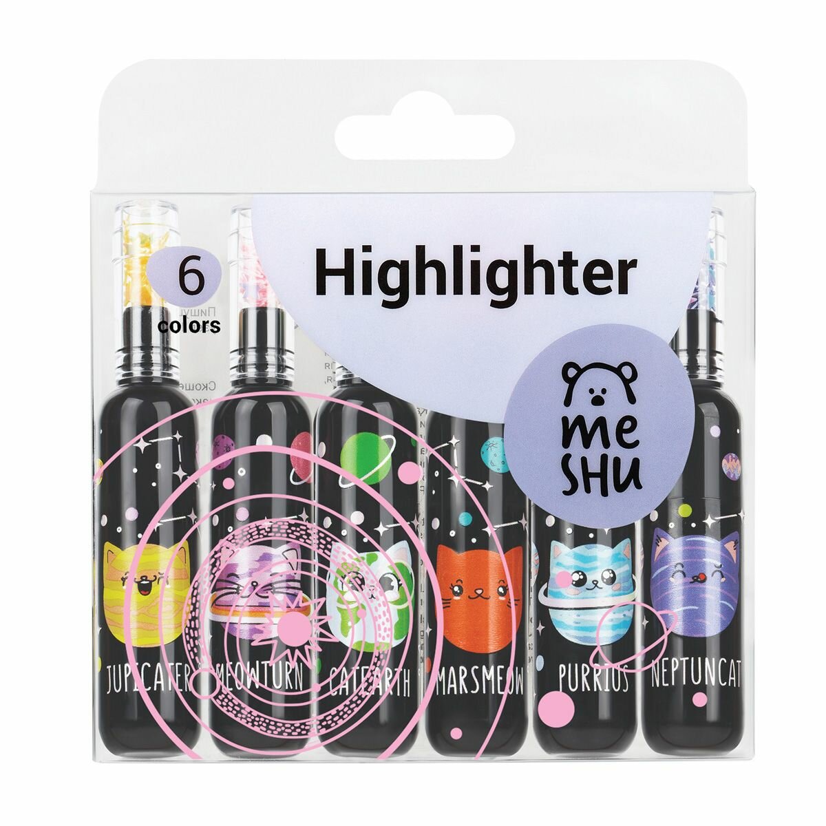 4 шт. Набор текстовыделителей MESHU "Meowspace" 06цв, неоновые цвета, 1-5мм, ПВХ бокс с европодвесом