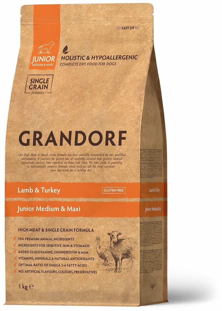 Корм для юниоров всех пород Grandorf Lamb&Turkey Junior, ягнёнок с индейкой 1 кг
