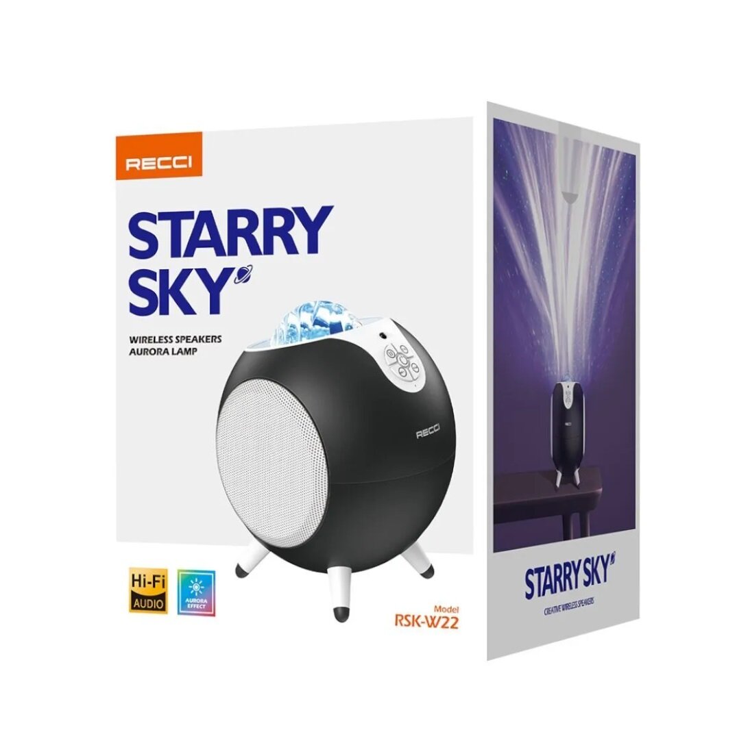 Ночник/Проектор с колонкой Recci Starry Sky with LED Aurora Effect, 10W, Hi-Fi, BT5.2, Черный + Белый