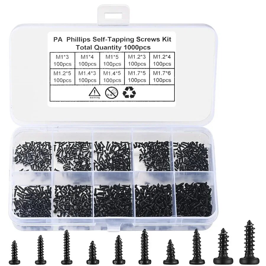 1000 шт. винты M1 M1.2 M1.4 M1.7 смешанные микро-очки винты с круглой головкой Самонарезающий электронный маленький набор винтов для дерева