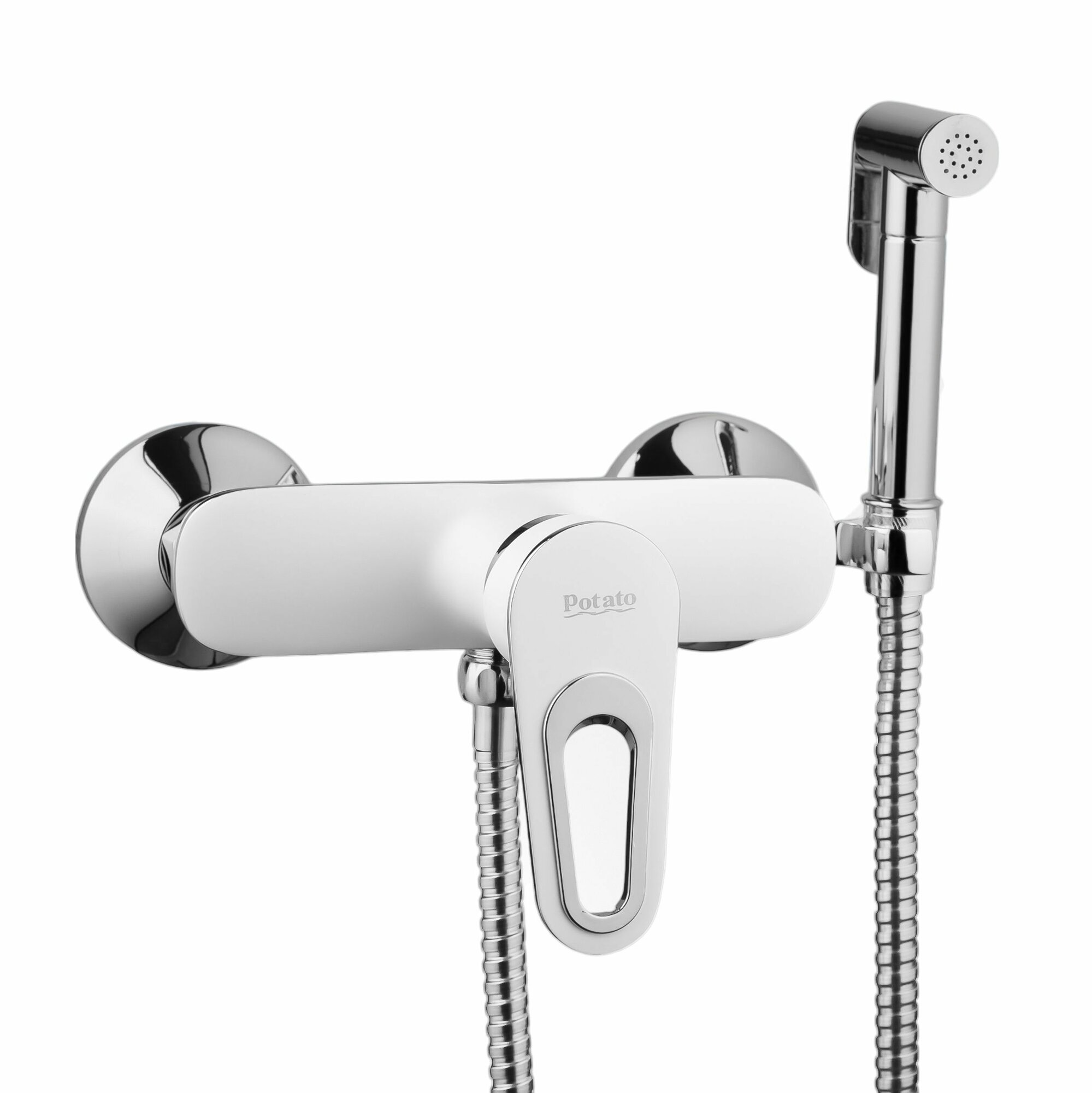 Смеситель для биде шаровый с гигиенической лейкой, белый матовый с хромированными вставками