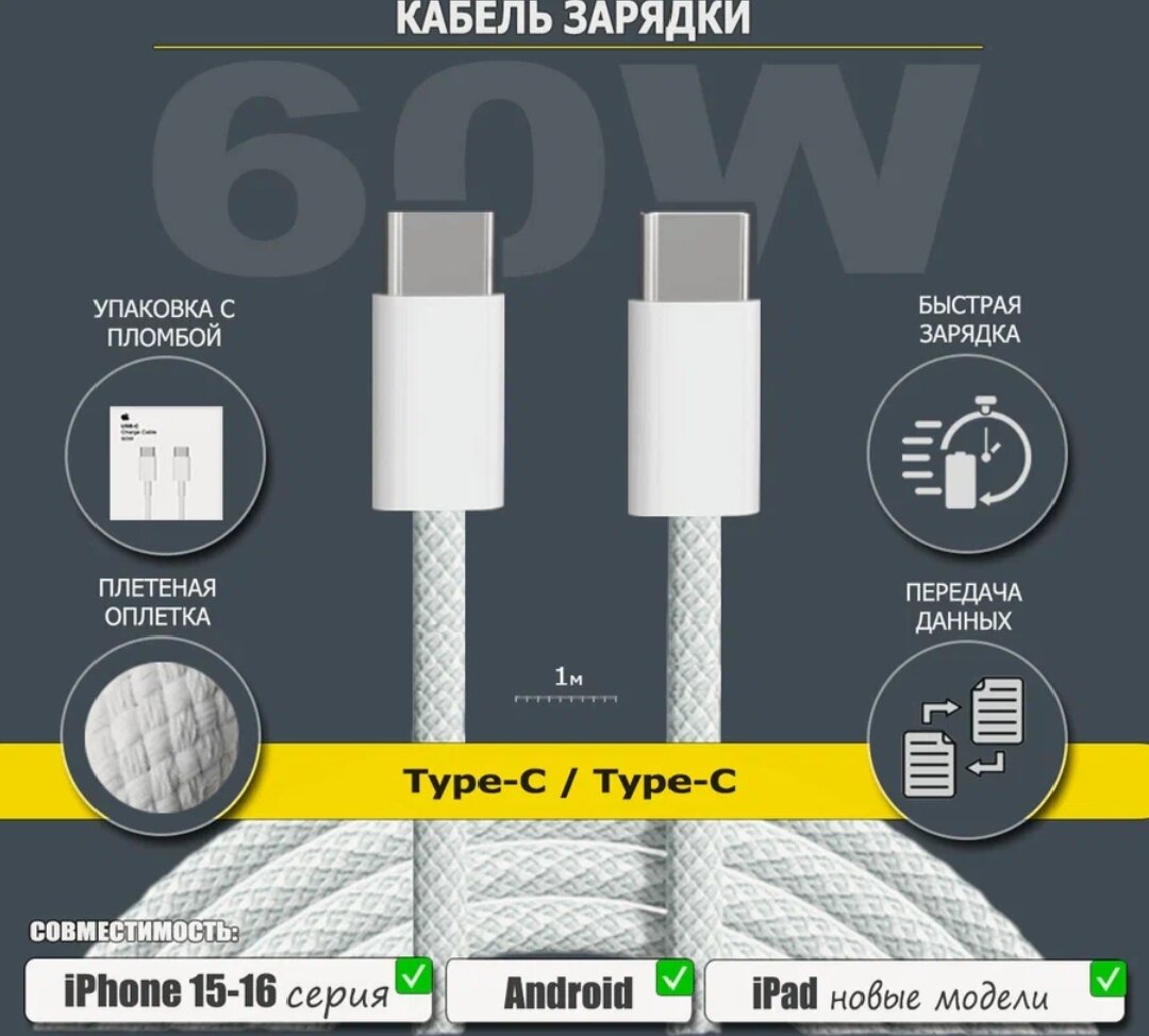 Кабель Type-C - Type-C для быстрой зарядки iPhone 15 Pro, Max, Plus, 60 Вт / совместим с новыми MacBook, iPad