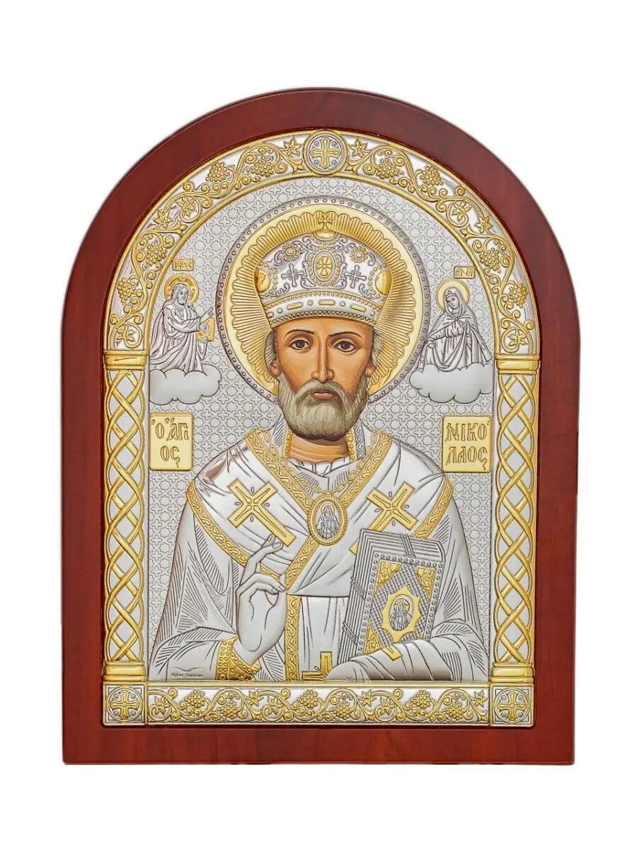 Икона серебряная, греческая Николай Чудотворец, 86х112 мм.
