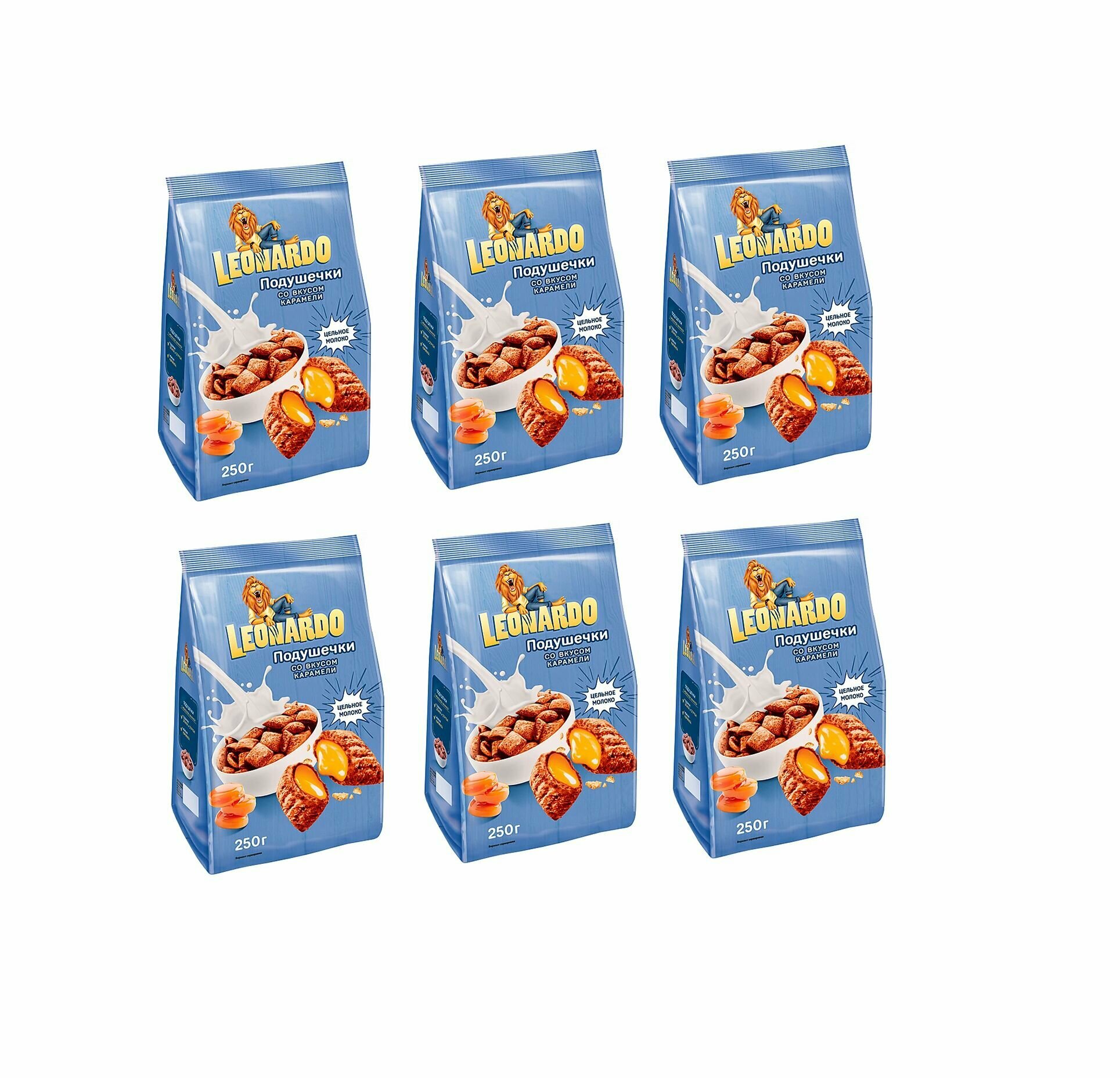 Завтрак готовый LEONARDO подушечки с молочной начинкой, 250 гр, 6 уп