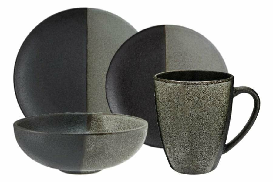 Набор обеденный с кружками, 4 персоны, 16 предметов, фарфор P, черно-серая, в крапинку, Umi (Maxwell&Williams)