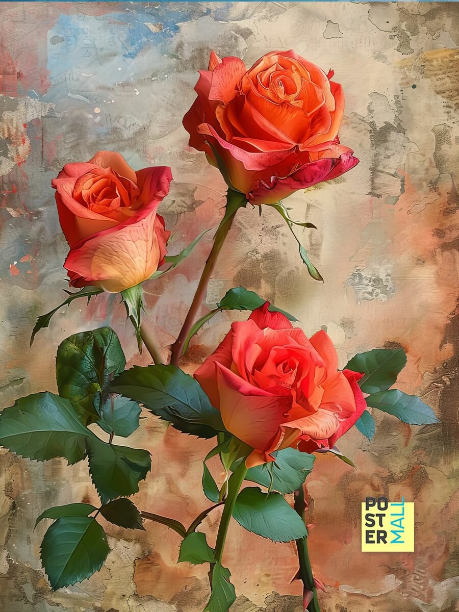 Постер для интерьера на стену 60х90 см. Картина "Цветы Три розы"