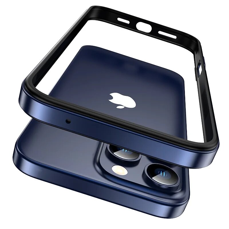 Легкий алюминиевый металлический каркас для iPhone 12, 13, 14, Plus, 15, 16 Pro Max, чехол-бампер, ультратонкий сплав, гибридный силиконовый задний аксессуар Темно-синий, Blue BK Ping, For iPhone 15Pro Max