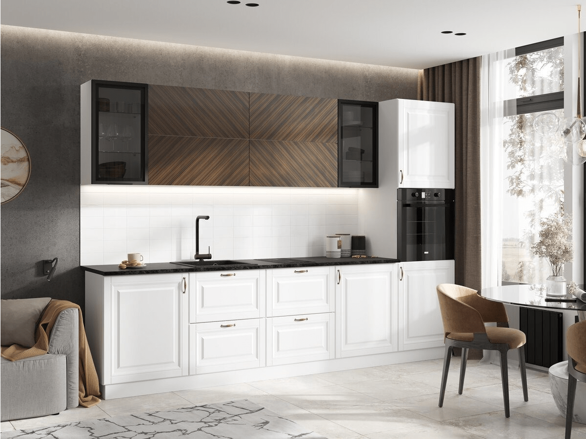 Кухня Престиж 3,0м Компановка №1 Белый/Браш Вайт/Прайм орех (Белый, Браш Вайт/Прайм Орех, Кастелло темный)